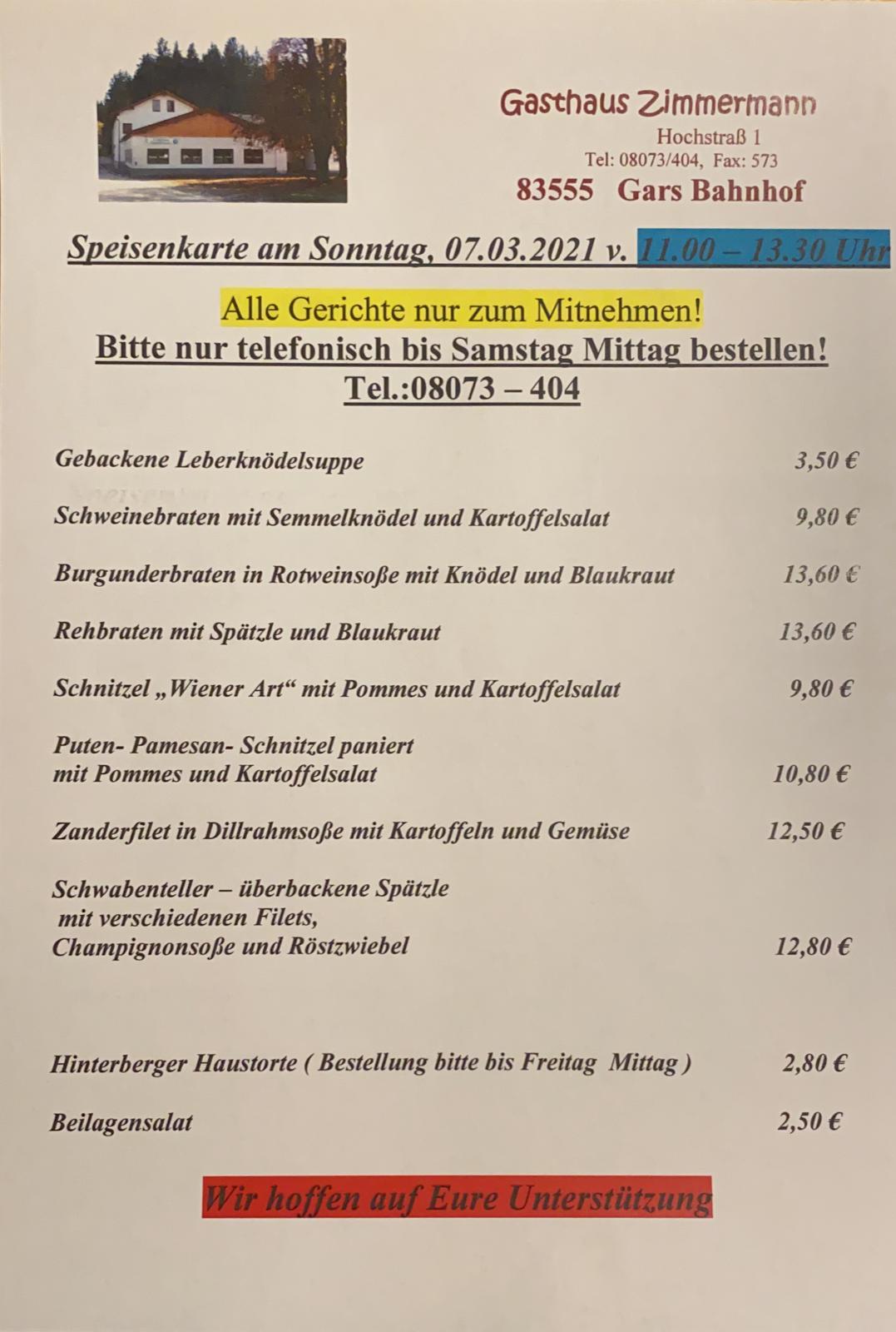 Speisekarte von Gasthaus Zimmermann restaurant, Gars am Inn
