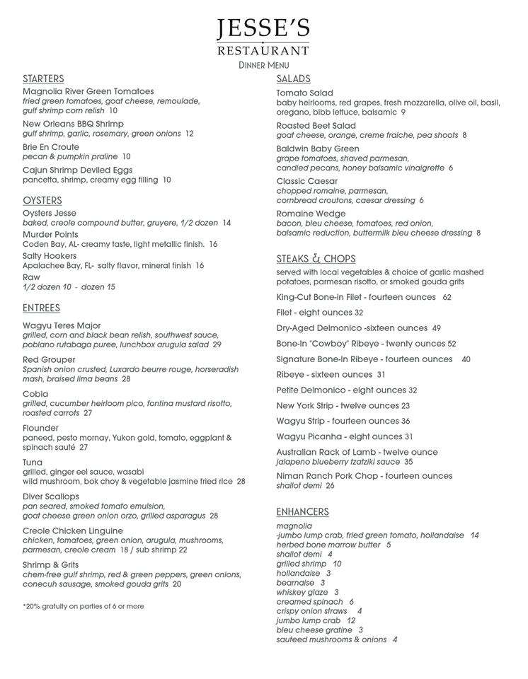 Menu at Jesses Restaurant, Magnolia Springs