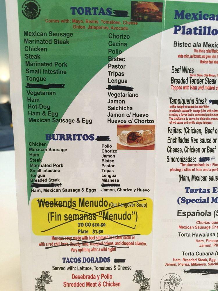 Menu at Taqueria El Sazon restaurant, Batavia