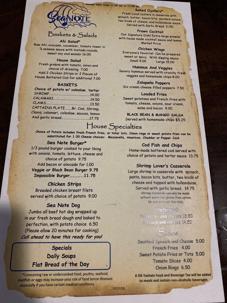 Menu at The Sea Note Restaurant & Lounge, Yachats