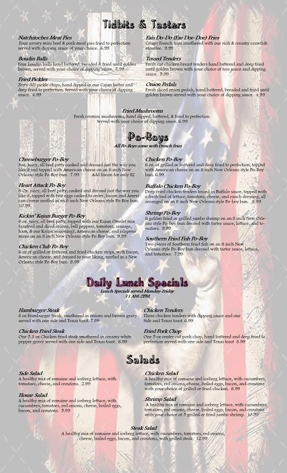 Menu at Toups' Kajun Kitchen restaurant, Leesville