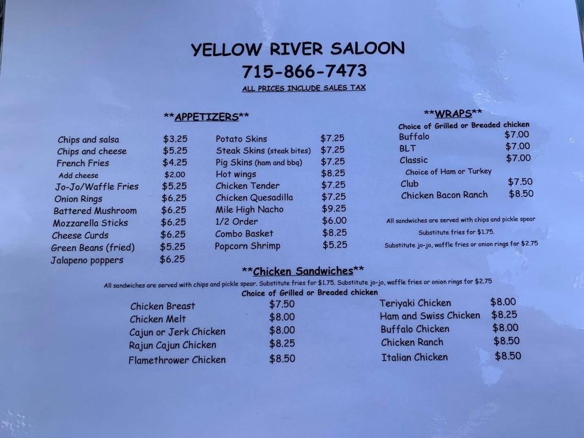 Menu at Yellow River Saloon pub & bar, Webster