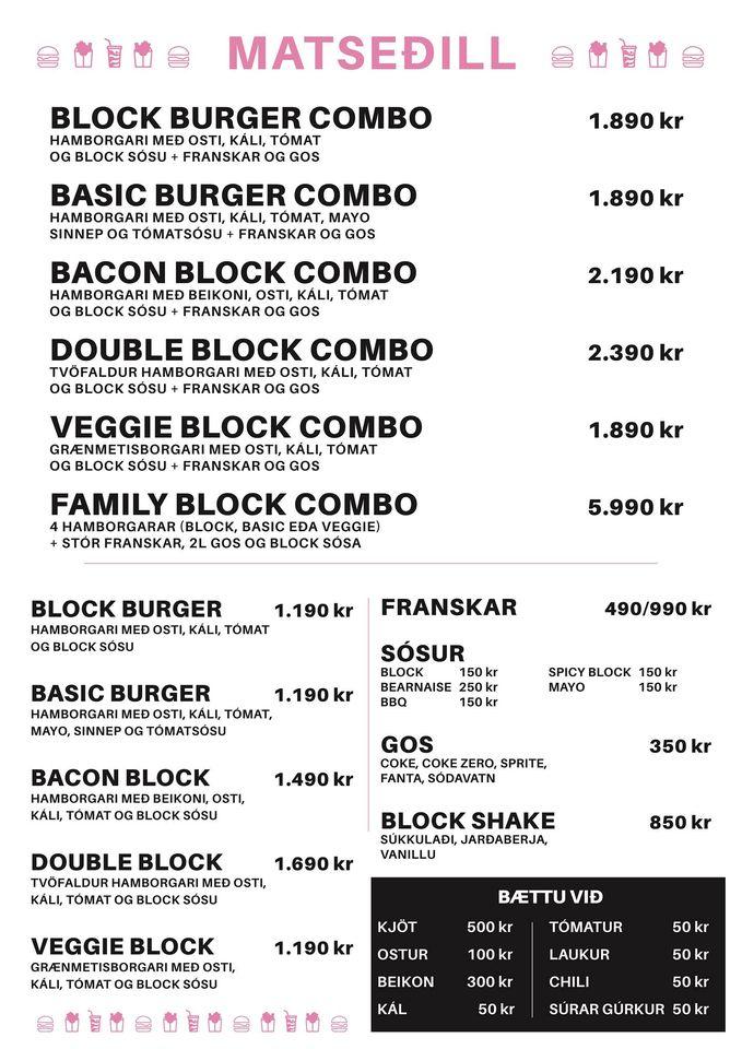 Menu at Block Burger restaurant, Reykjavík