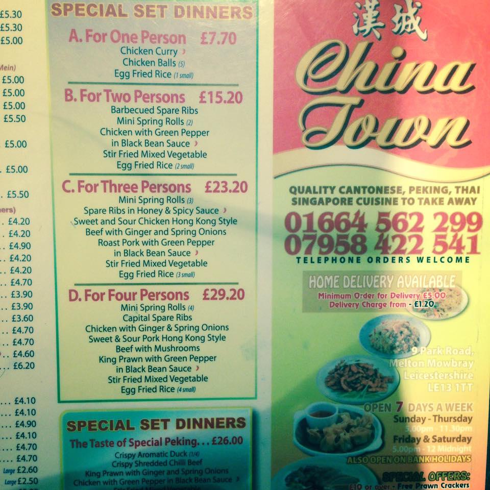 Menu at China Town restaurant, Melton Mowbray