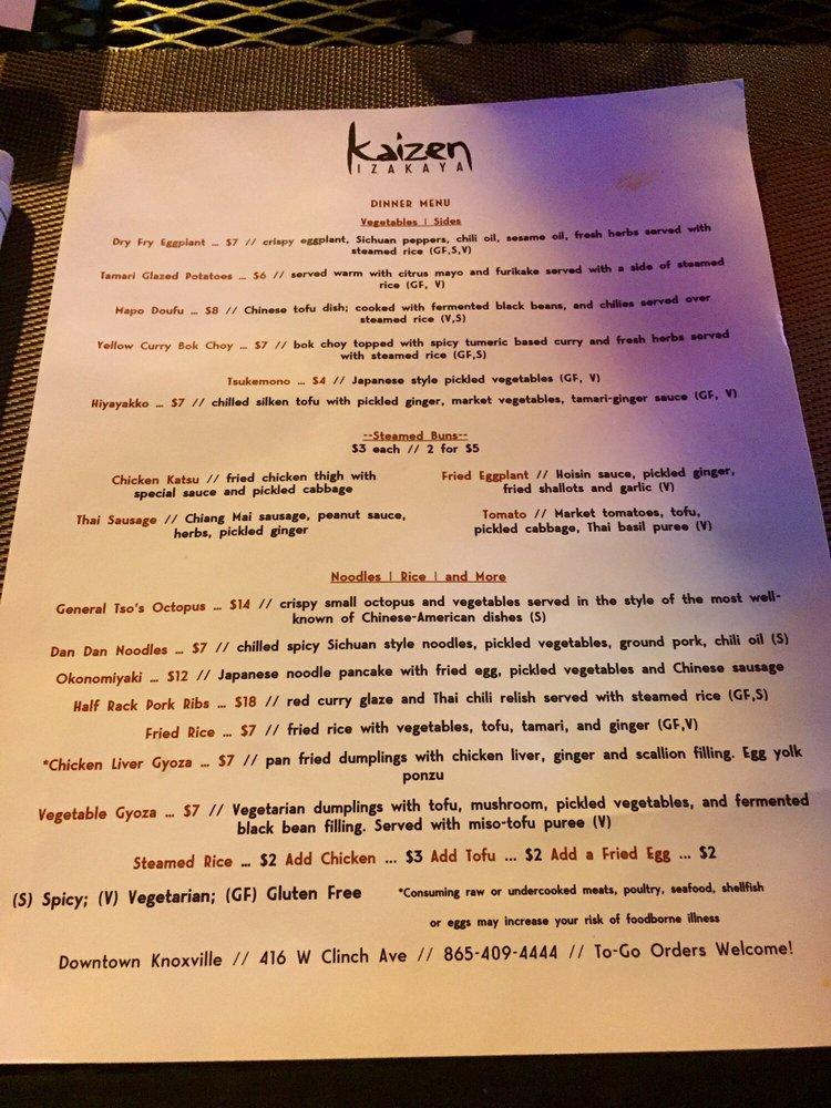 Menu at Kaizen pub & bar, Knoxville