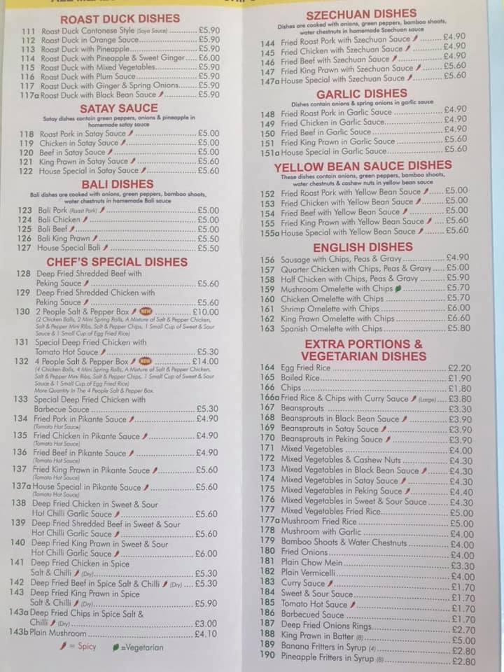 Menu at Mai Ling restaurant, Scunthorpe