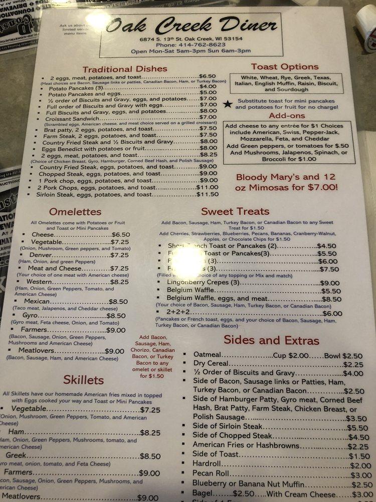 Menu at Oak Creek Diner restaurant, Oak Creek