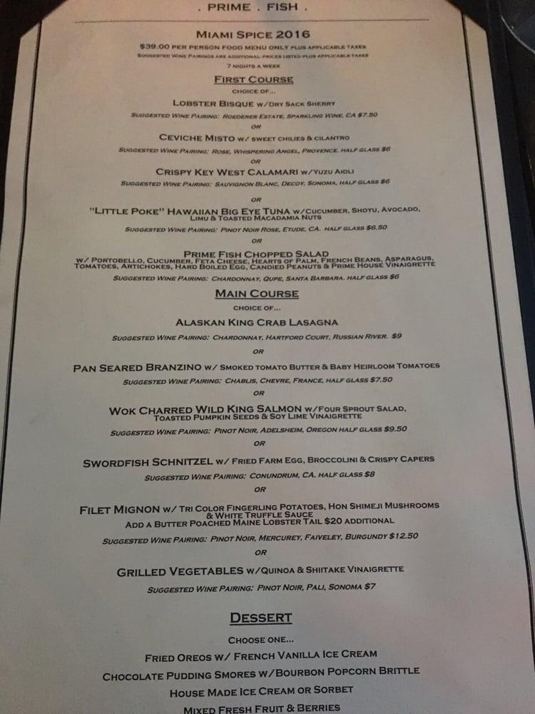 Menu at Prime Fish steakhouse, Miami Beach