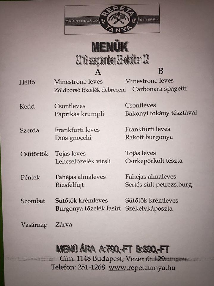 Menu at Repeta Tanya restaurant, Budapest