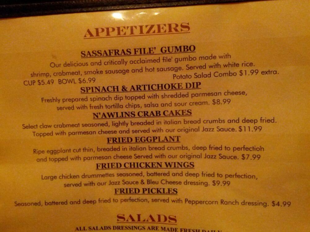 Menu at Sassafras restaurant, New Orleans, Leon C Simon Dr