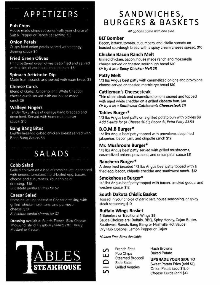 Menu at Tables Steakhouse, Castlewood