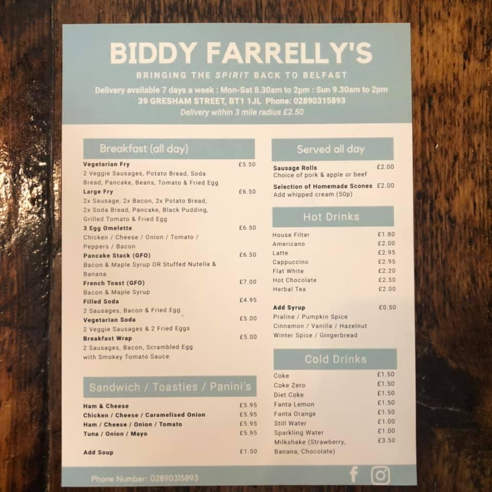 Menu at Biddy farrelly's cafe, Belfast