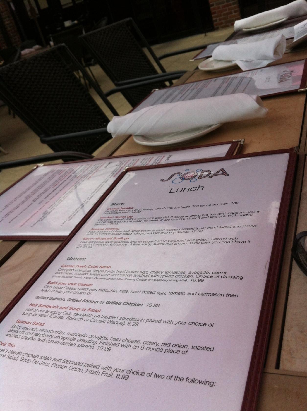 Menu at Club Soda, Fort Wayne