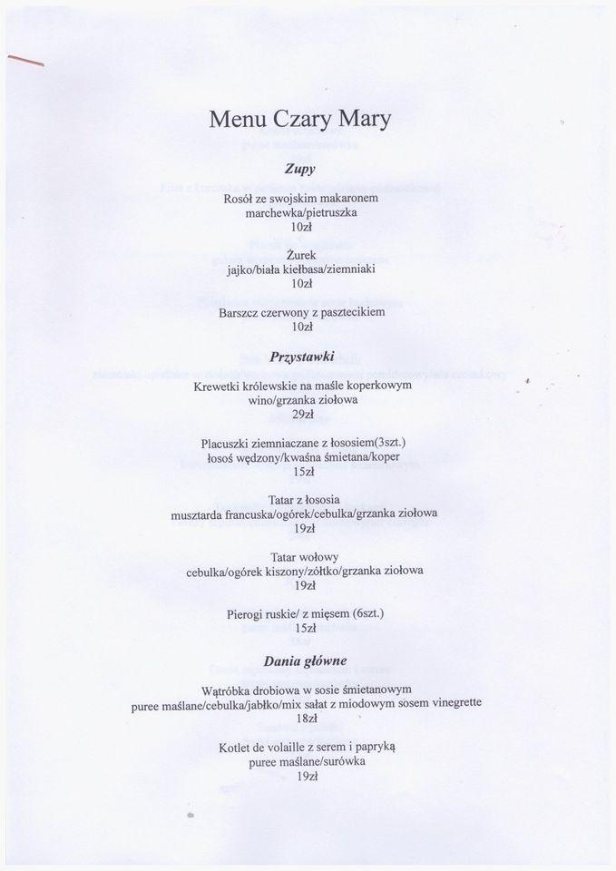 Menu at Czary Mary restaurant, Lipno