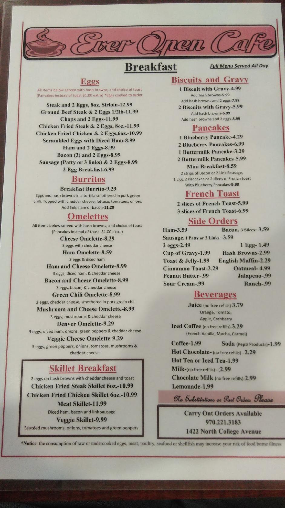Menu at Ever Open Cafe, Fort Collins