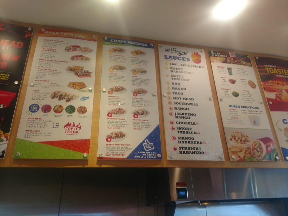Menu at Hot Head Burritos fast food, Windsor Locks