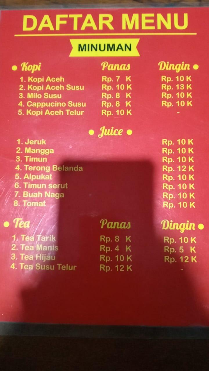 Menu at MIE & KOPI ACEH LAZIID restaurant, Depok