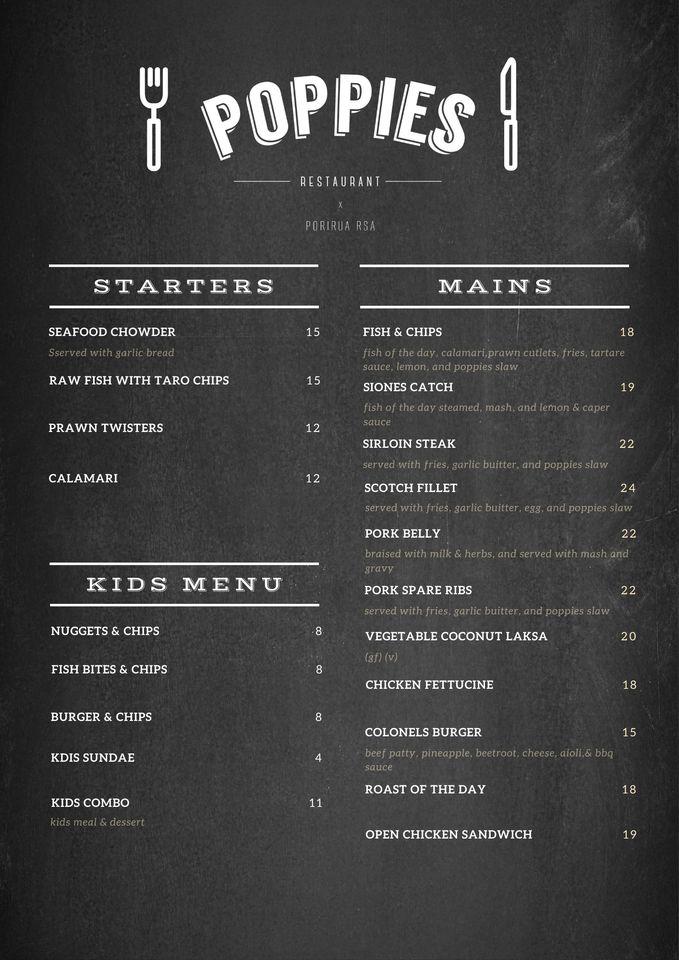Menu at Poppies Restaurant, Porirua