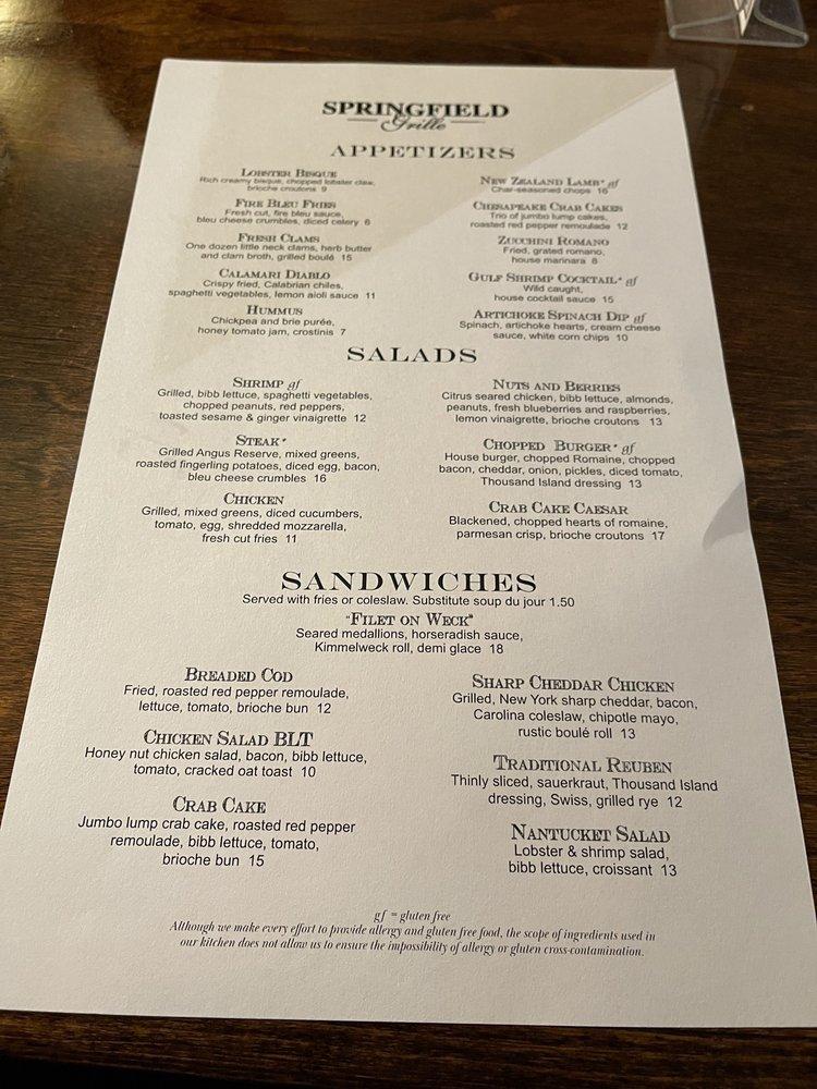Menu at Springfield Grille restaurant, Youngstown