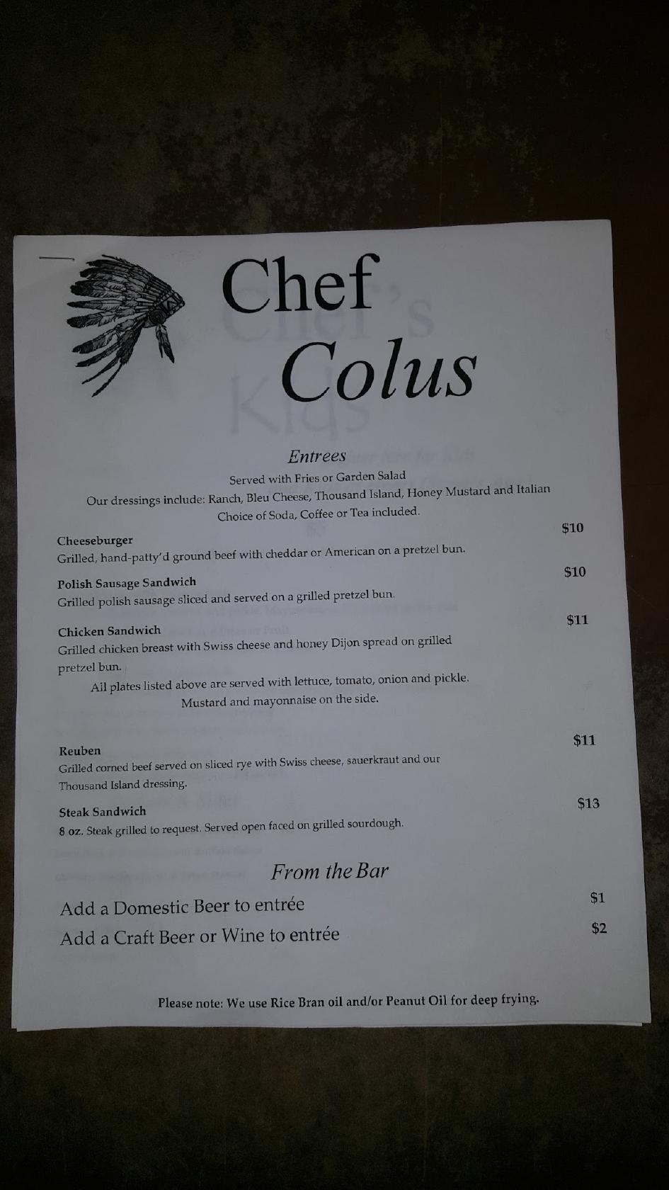 Menu at Chef Colus restaurant, Colusa, 334 Market St