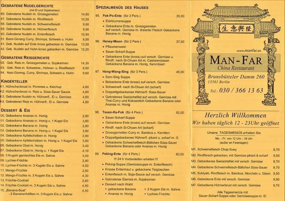 Menu at China-Restaurant Man-Far, Berlin