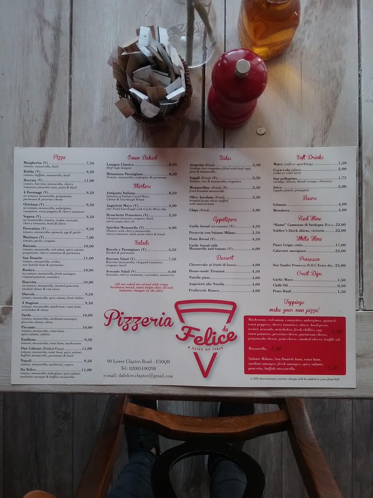 Menu at Da Felice restaurant, London