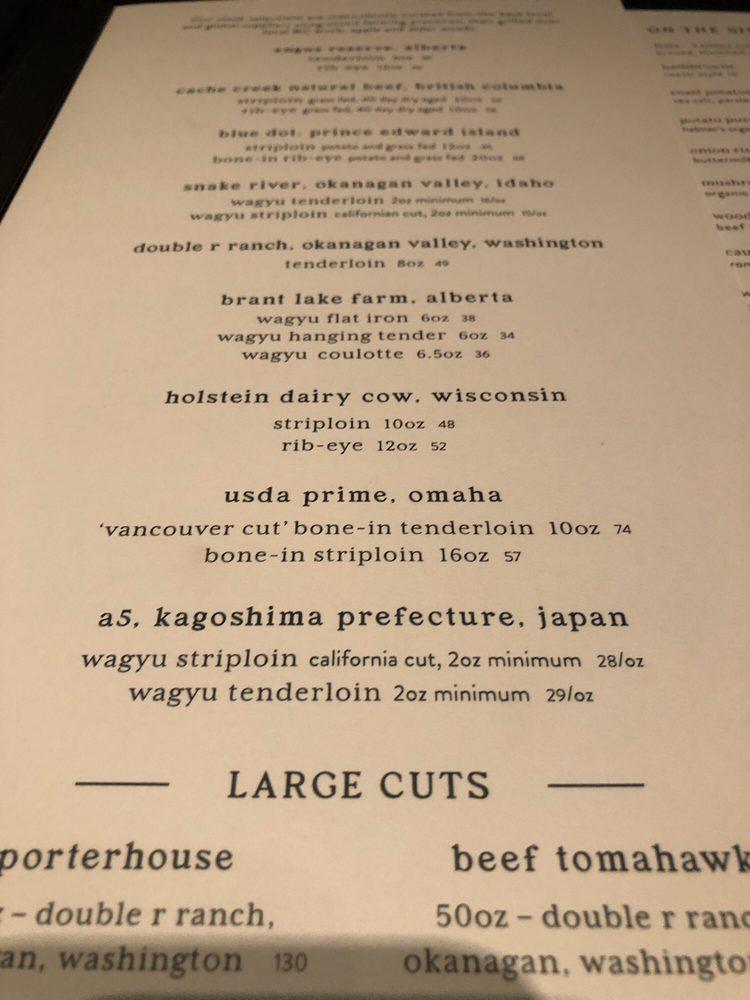 Menu at Elisa steakhouse, Vancouver