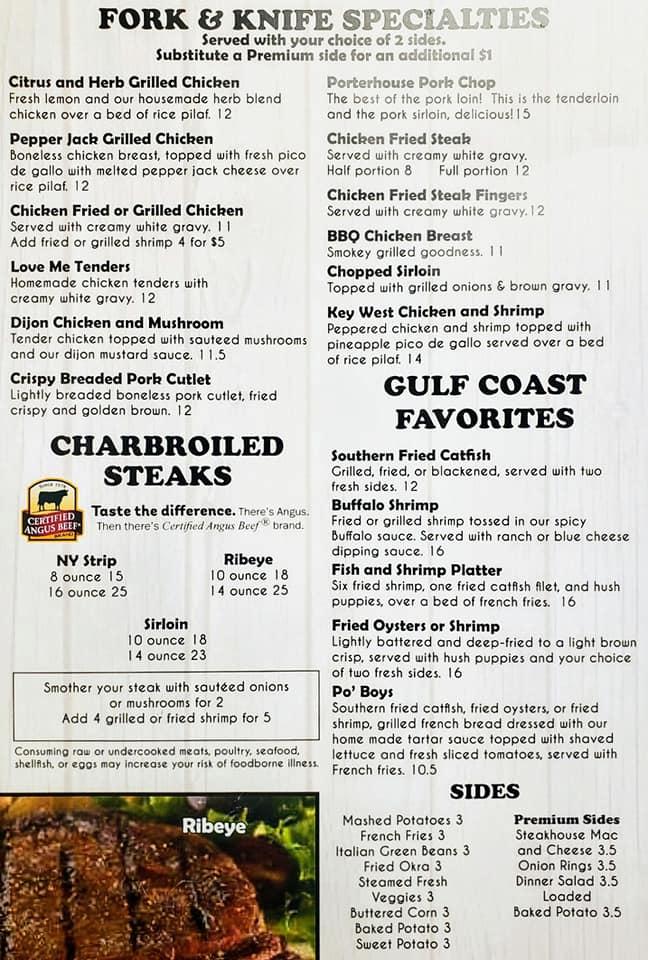 Menu at Papa Bear's steakhouse, Waco