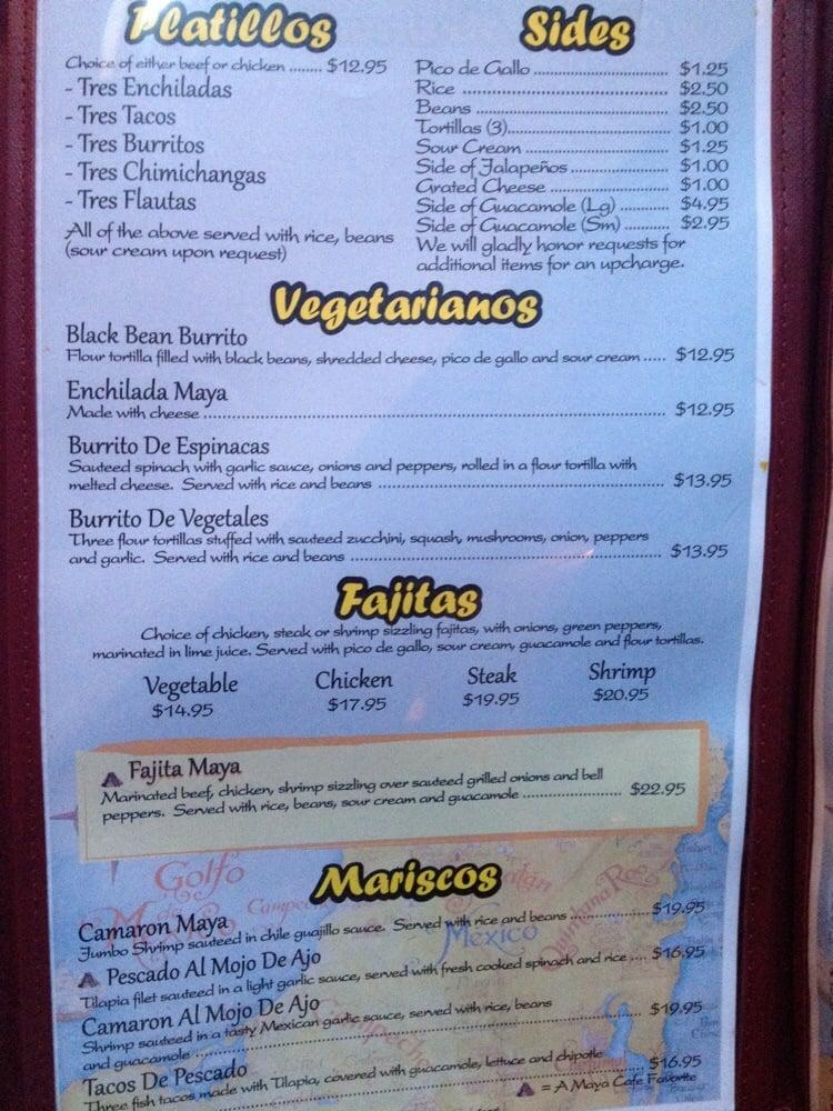 Menu at Maya Cafe, Fishkill