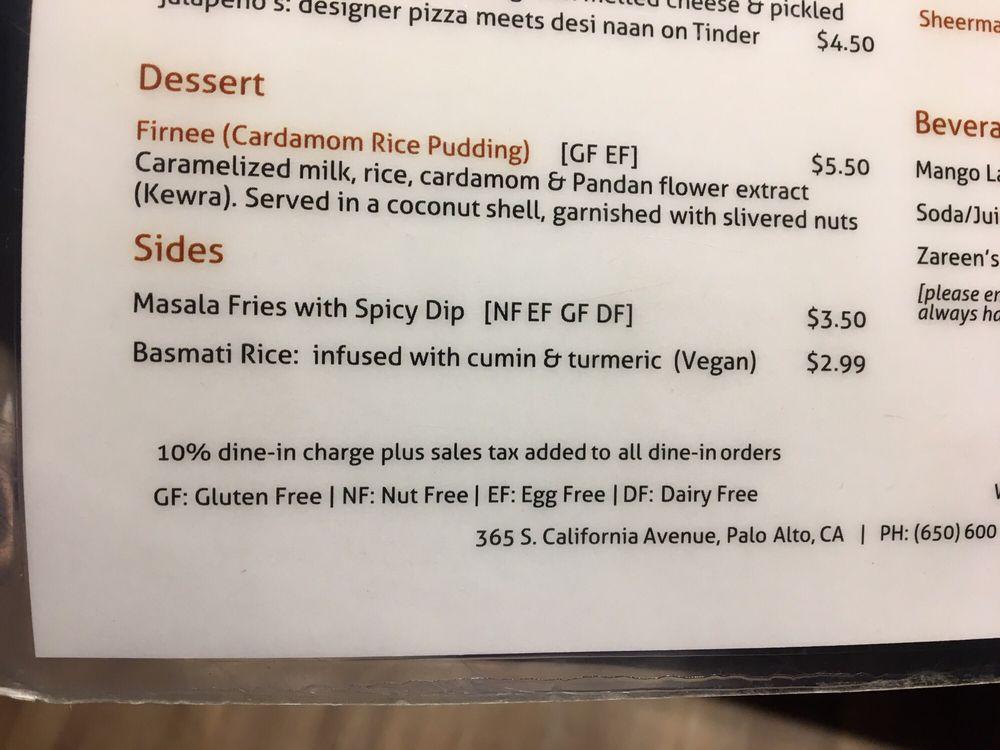 Menu at Zareen's Palo Alto restaurant, Palo Alto