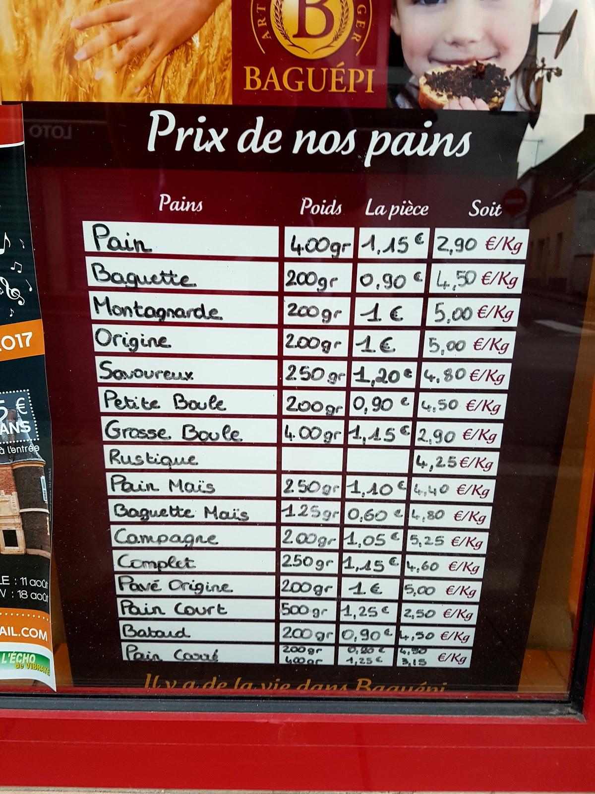 Menu au Boulangerie du Château, Bonnétable