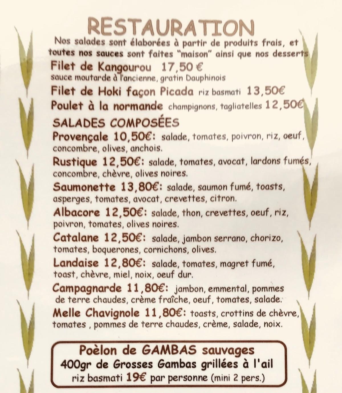 Menu at Camp-Gourou restaurant, Argelès-sur-Mer