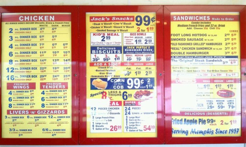 Menu at Jack Pirtle's Chicken restaurant, Memphis, 1370 Poplar Ave