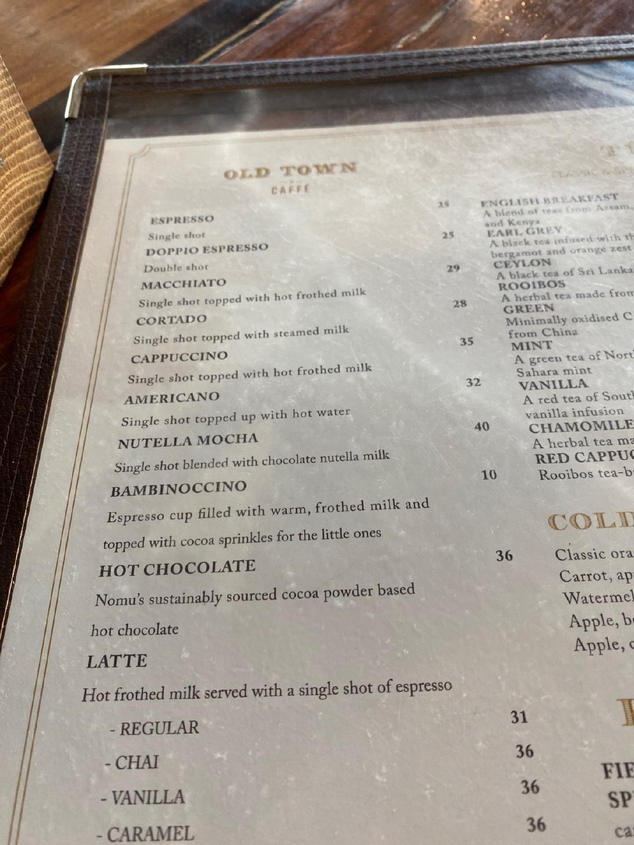 Menu at Old Town Italy Umhlanga restaurant, Durban North