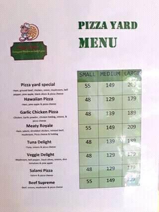 Menu at Pizza Yard pizzeria, Dumalinao