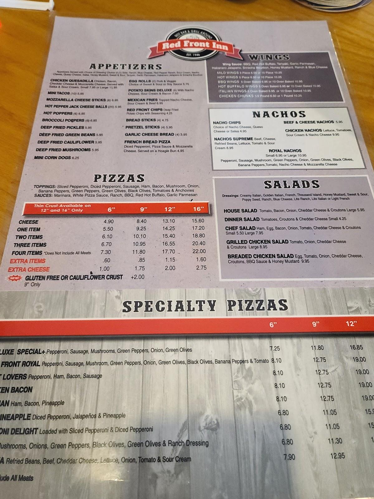 Menu at Red Front Inn pizzeria, New Paris
