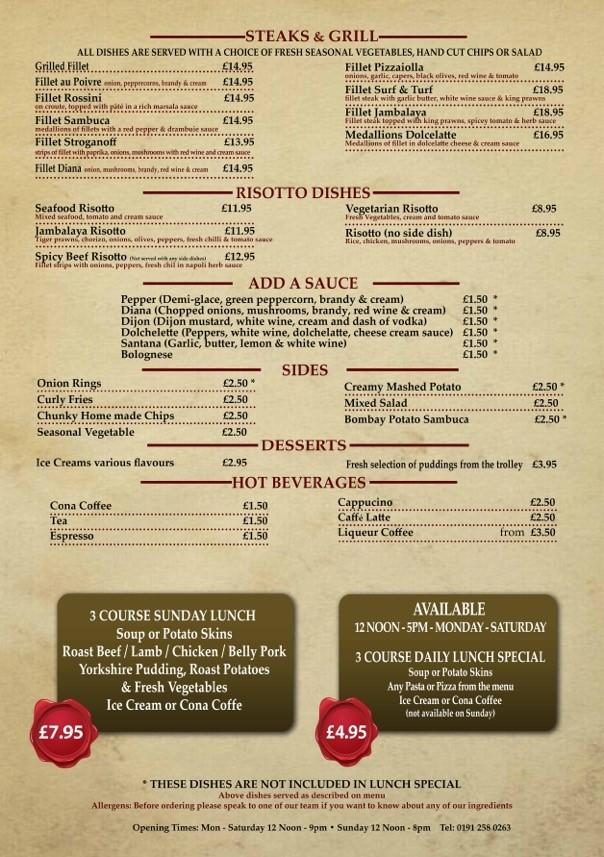 Menu at Sambuca Percy Main restaurant, North Shields