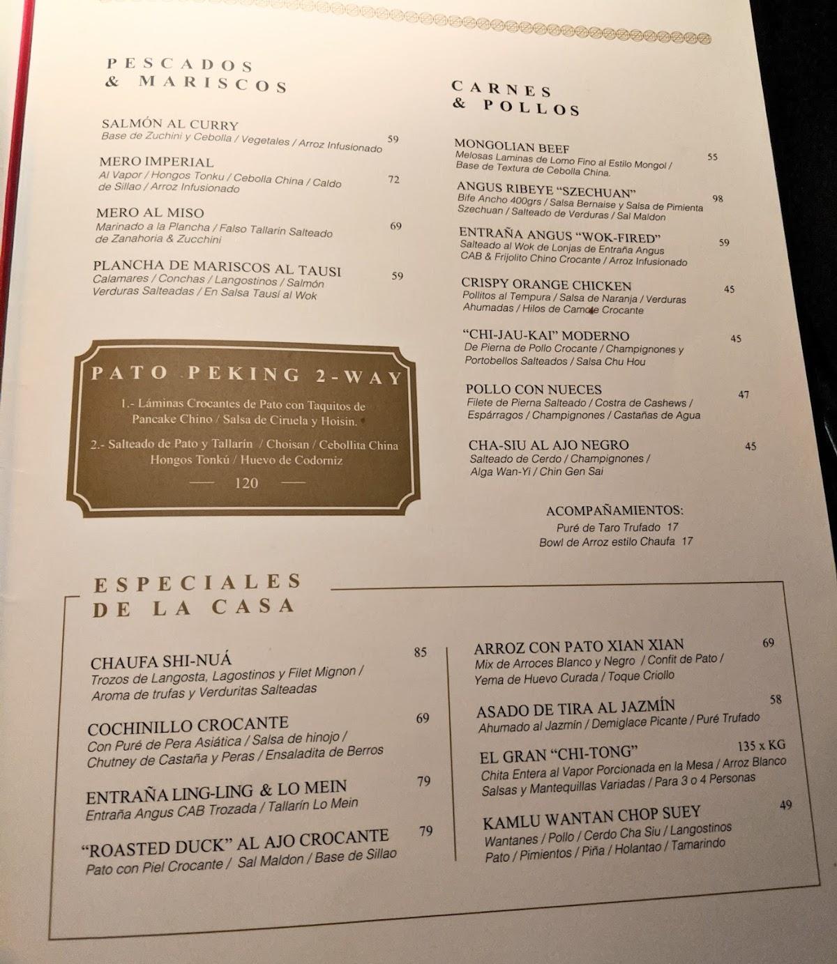 Carta del restaurante Shi-Nua, Lima