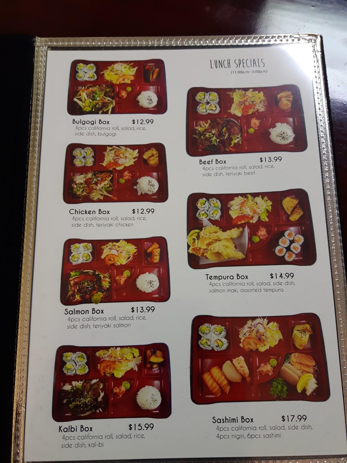Menu at Sushi One restaurant, Winnipeg