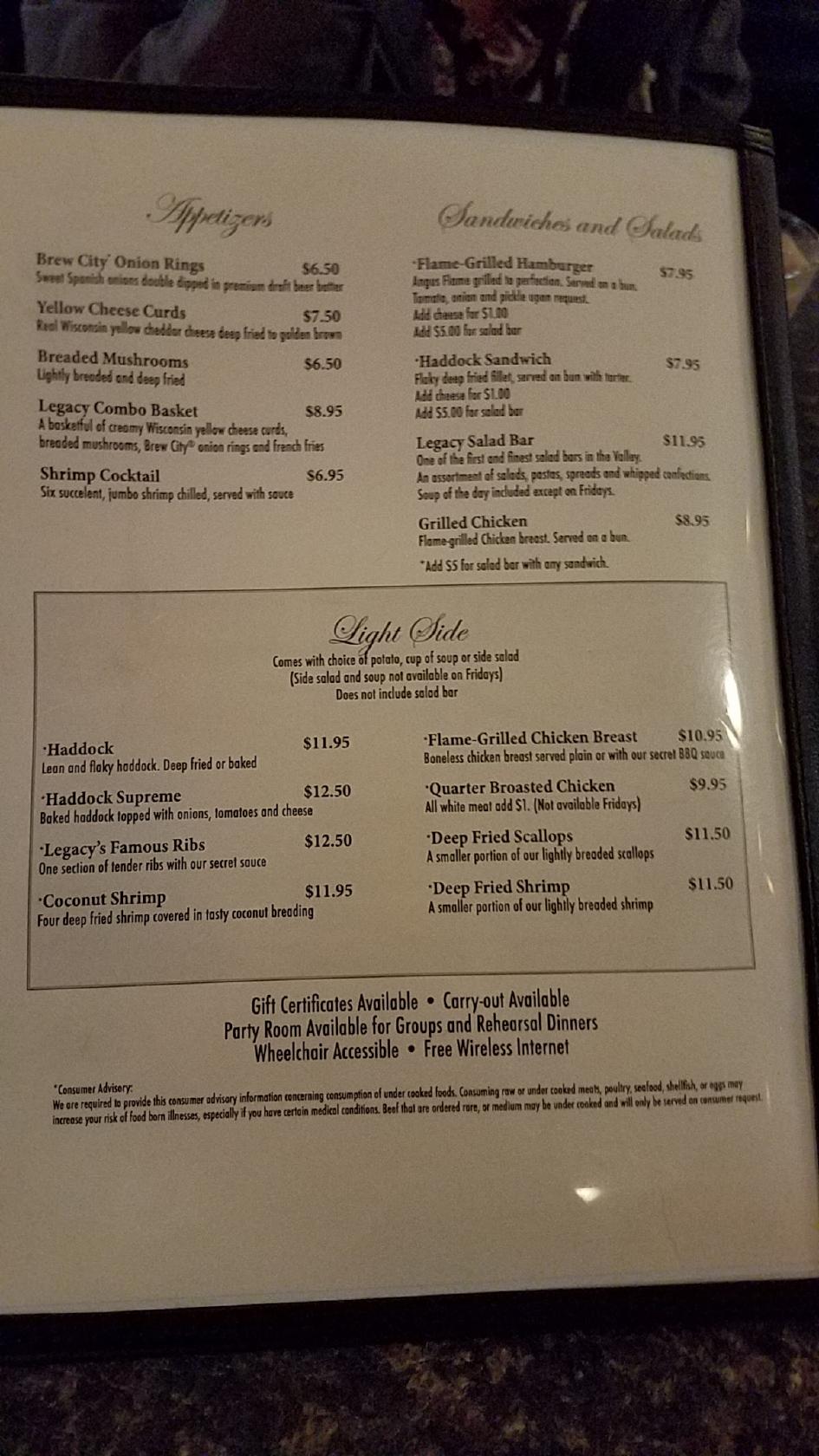 Menu at The Legacy Supper Club, Appleton