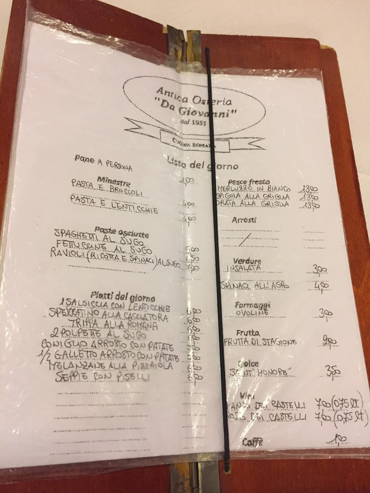 Menu da Antica osteria Da Giovanni ristorante, Roma, Via della Lungara