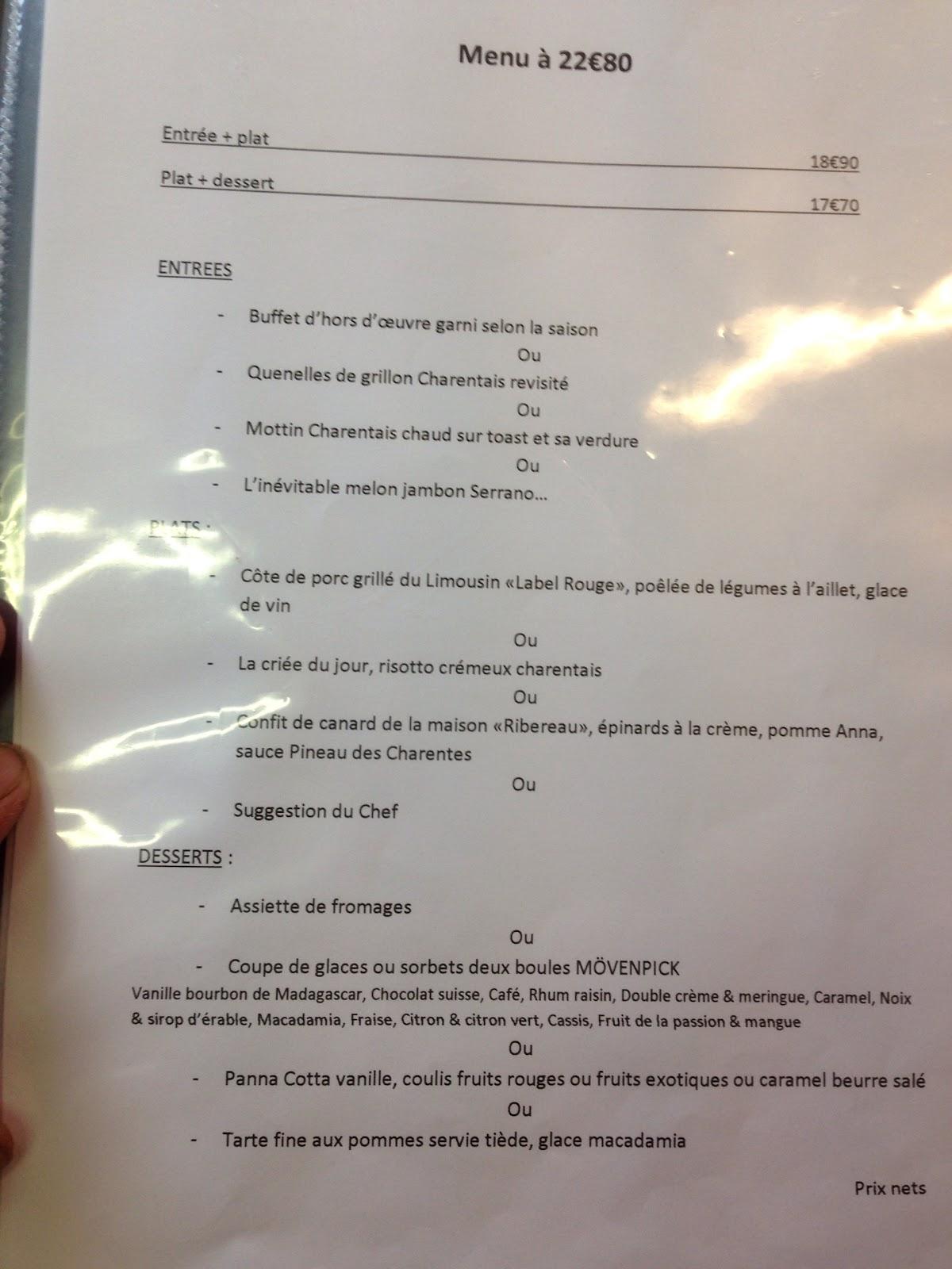 Menu au Le Cellier restaurant, Cognac