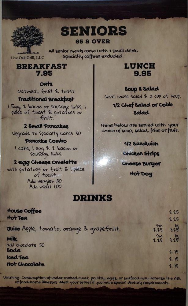 Carta del restaurante Live Oak Grill, Kelseyville