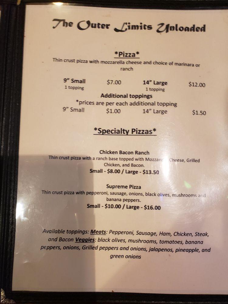 Menu at Outer Limits pub & bar, Charleston
