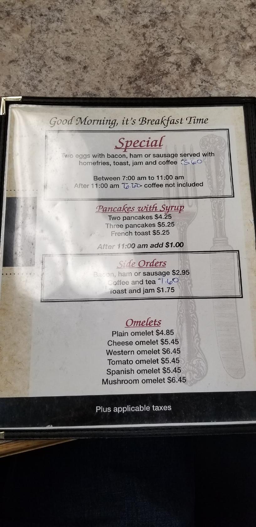 Menu at Queens Café Restaurant, Tillsonburg