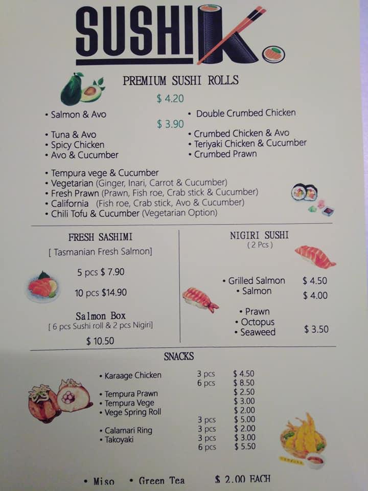 Menu at Sushi k restaurant, Cairns