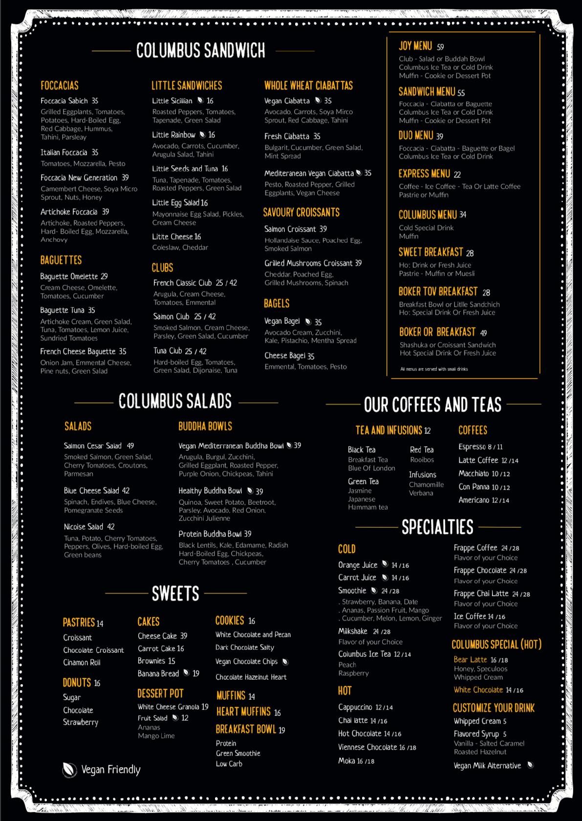 Menu at Columbus Café cafe, Tel Aviv-Yafo