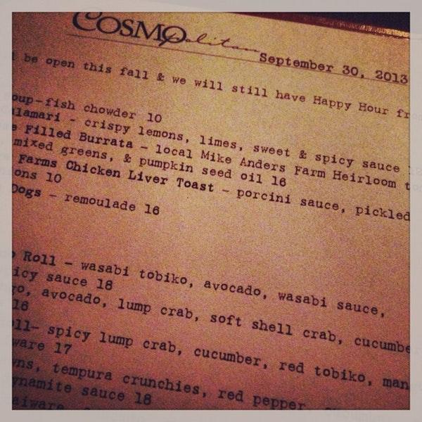 Carta de Cosmopolitan Restaurant, Telluride