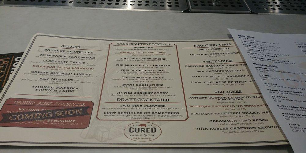 Menu at Cured Table & Tap pub & bar, Columbia
