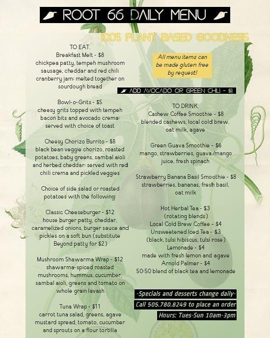 Menu at ROOT 66 Vegan Cafe, Santa Fe